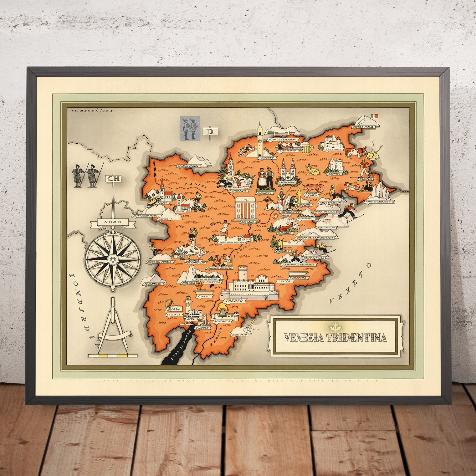 Old Pictorial Map of Trentino-Alto Adige by De Agostini, 1938: Trento ...