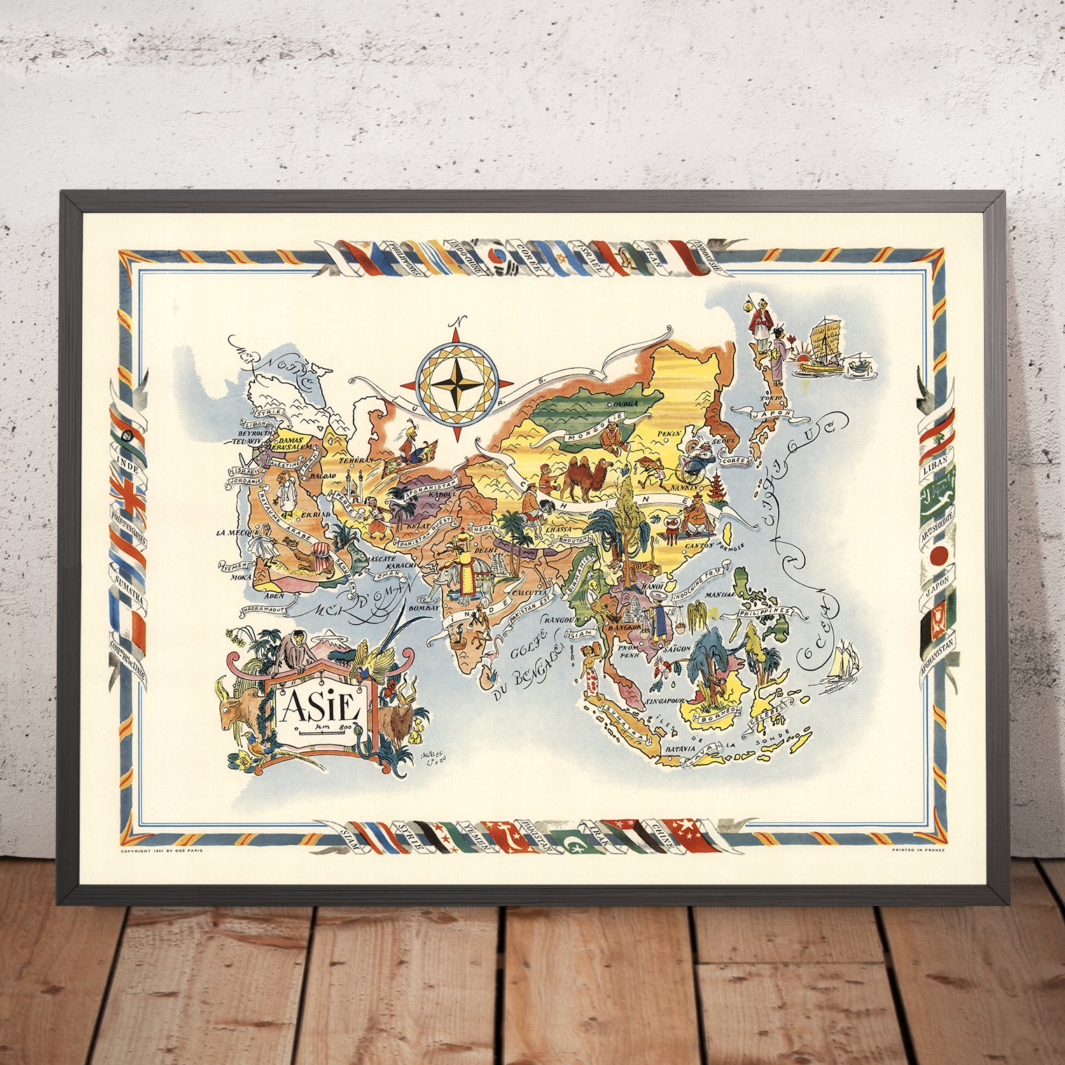 Old Pictorial Map of Asia by Liozu, 1951: Post-WWII Boundaries, Cultur ...