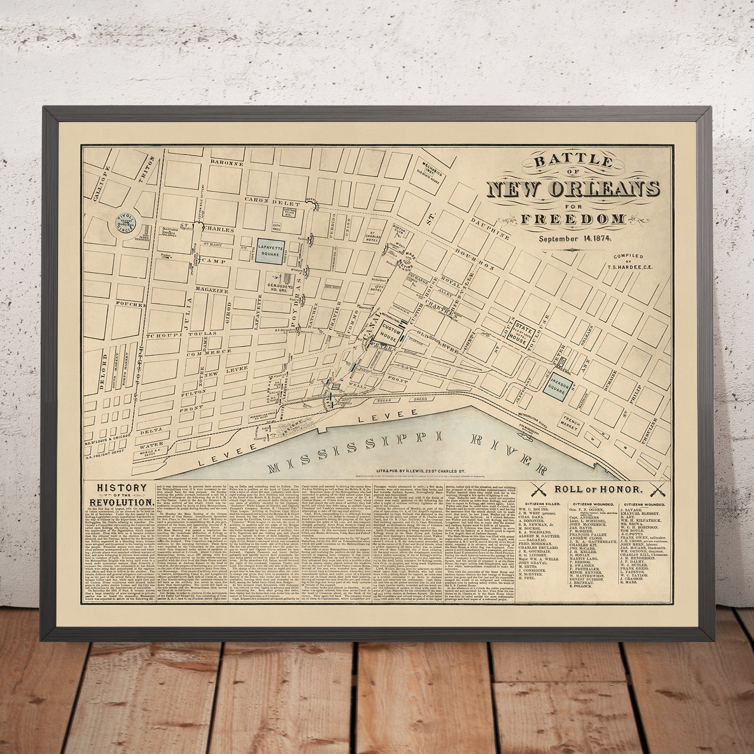 Old Battle of New Orleans, 1874 Map: Jackson Square, Custom House, Sta ...