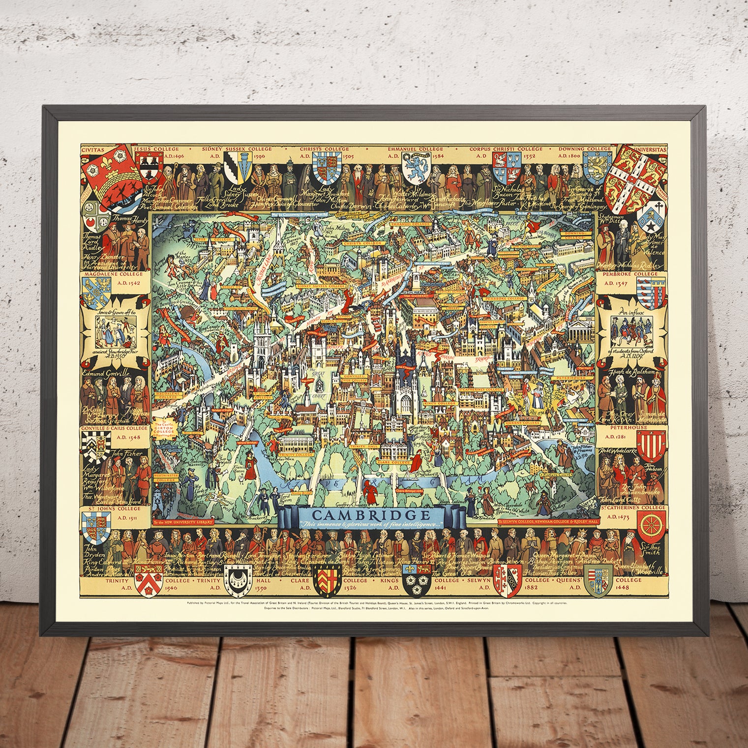 Old Pictorial Map of Cambridge by Lee, 1948: King's College, River Cam ...