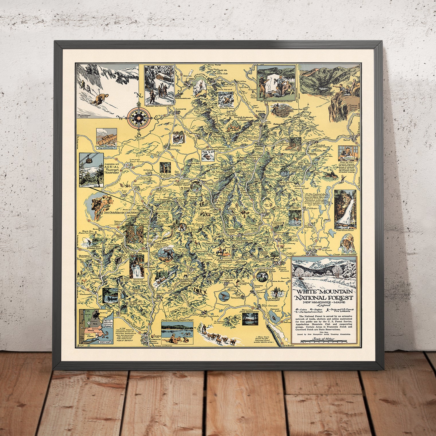 Old Pictorial Map of White Mountain National Forest, 1930: Cannon Mt ...