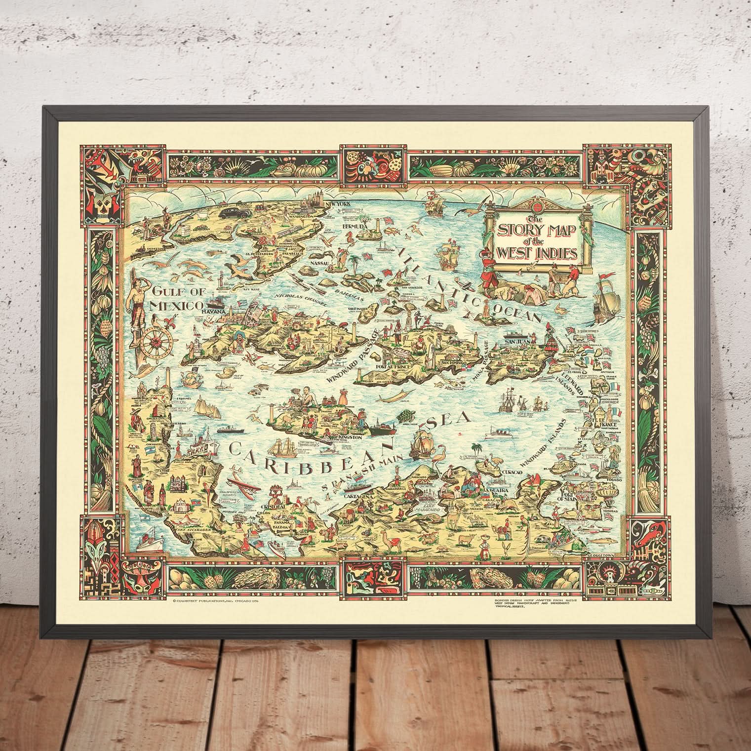 Old Pictorial Map of the Caribbean, 1936: Havana, Nassau, Kingston, Gu ...
