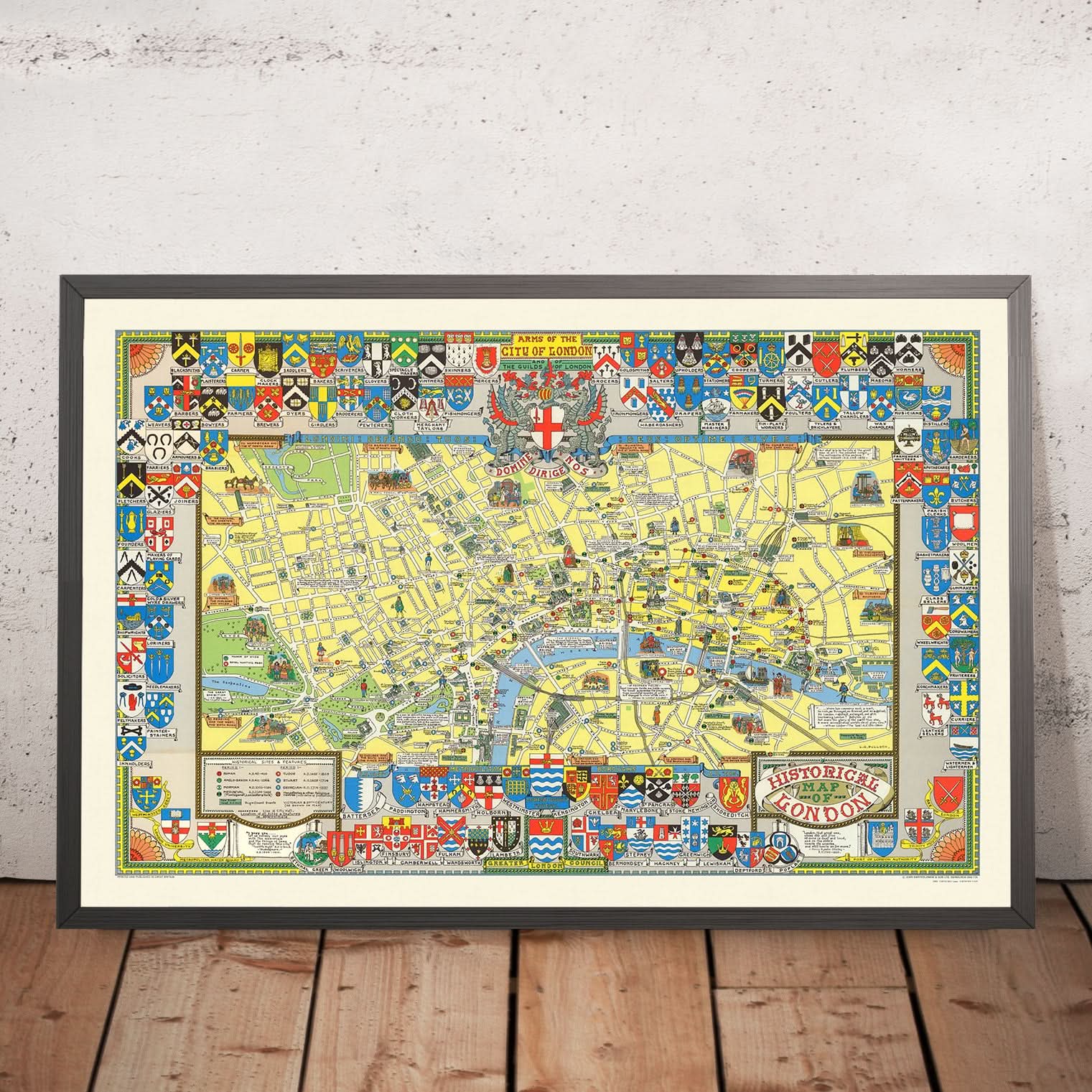 Old Pictorial Map of London by Bullock, 1965: Coats of Arms, Landmarks ...