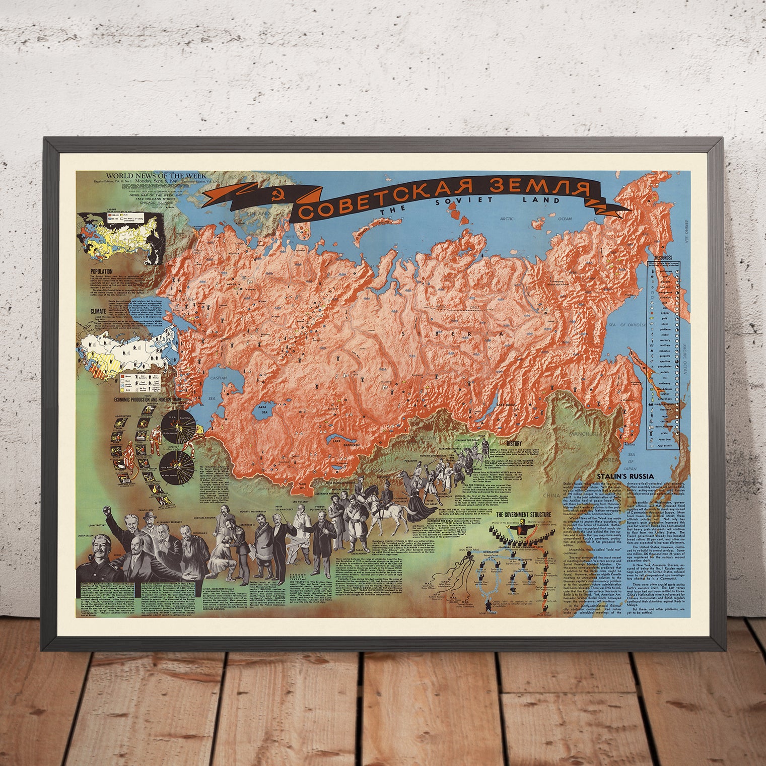 Old Pictorial Map of the Soviet Union, 1948: Industry, Agriculture, Na ...