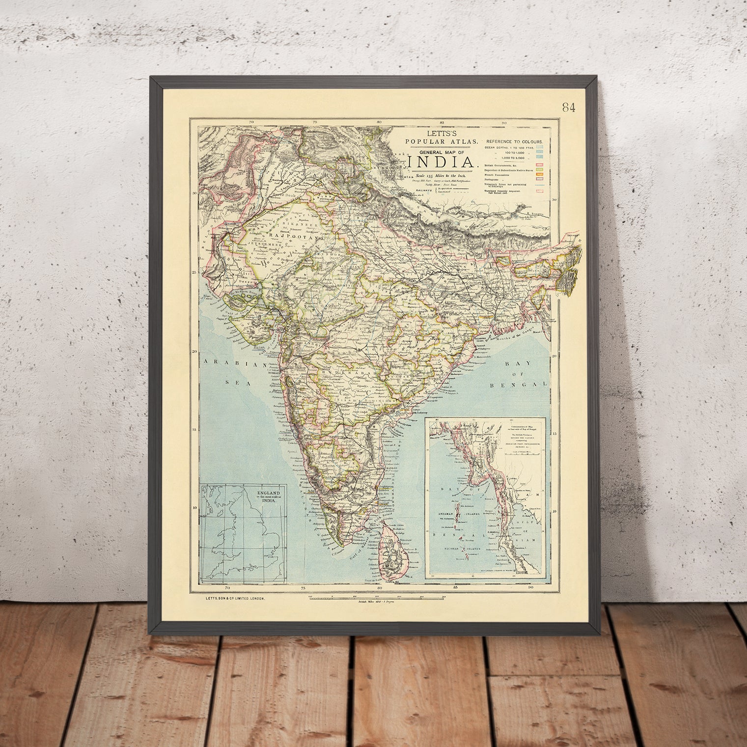 Old Map of India by Letts, 1883: Calcutta, Bombay, Madras, Arabian Sea ...