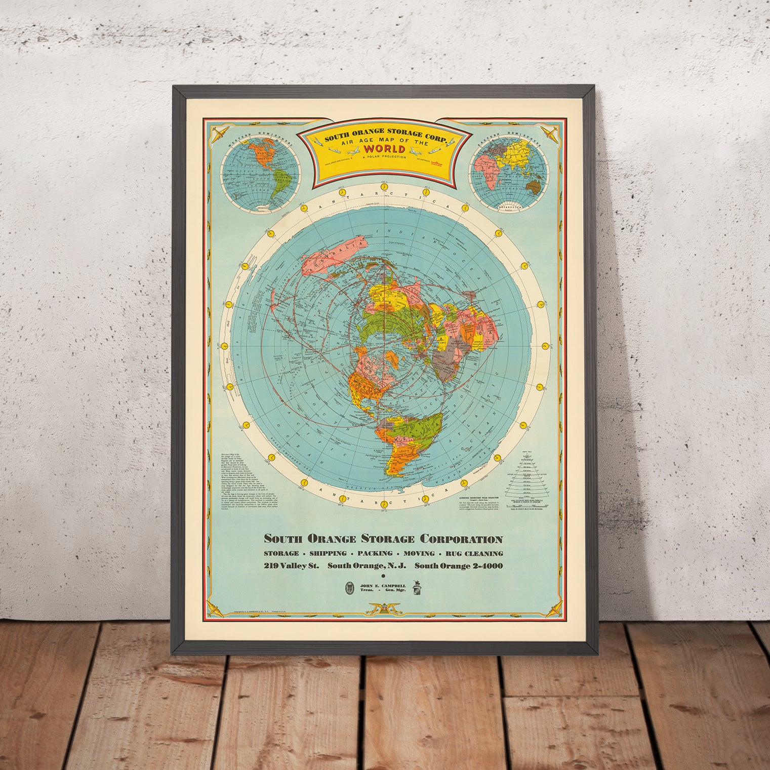 Old Airline Great Circles World Map by Hammond, 1938: Polar Projection ...