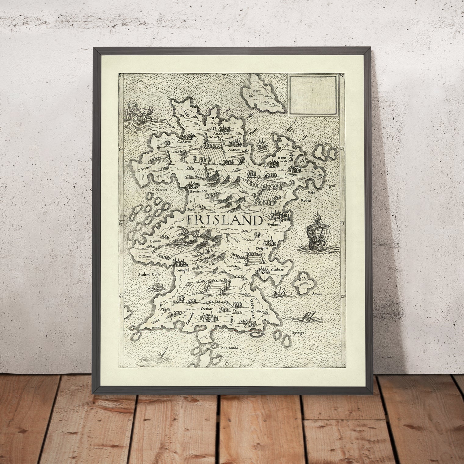 Old Map of Mythical Frisland by Bertelli, 1560: Andoforte, Alanto, Sea ...
