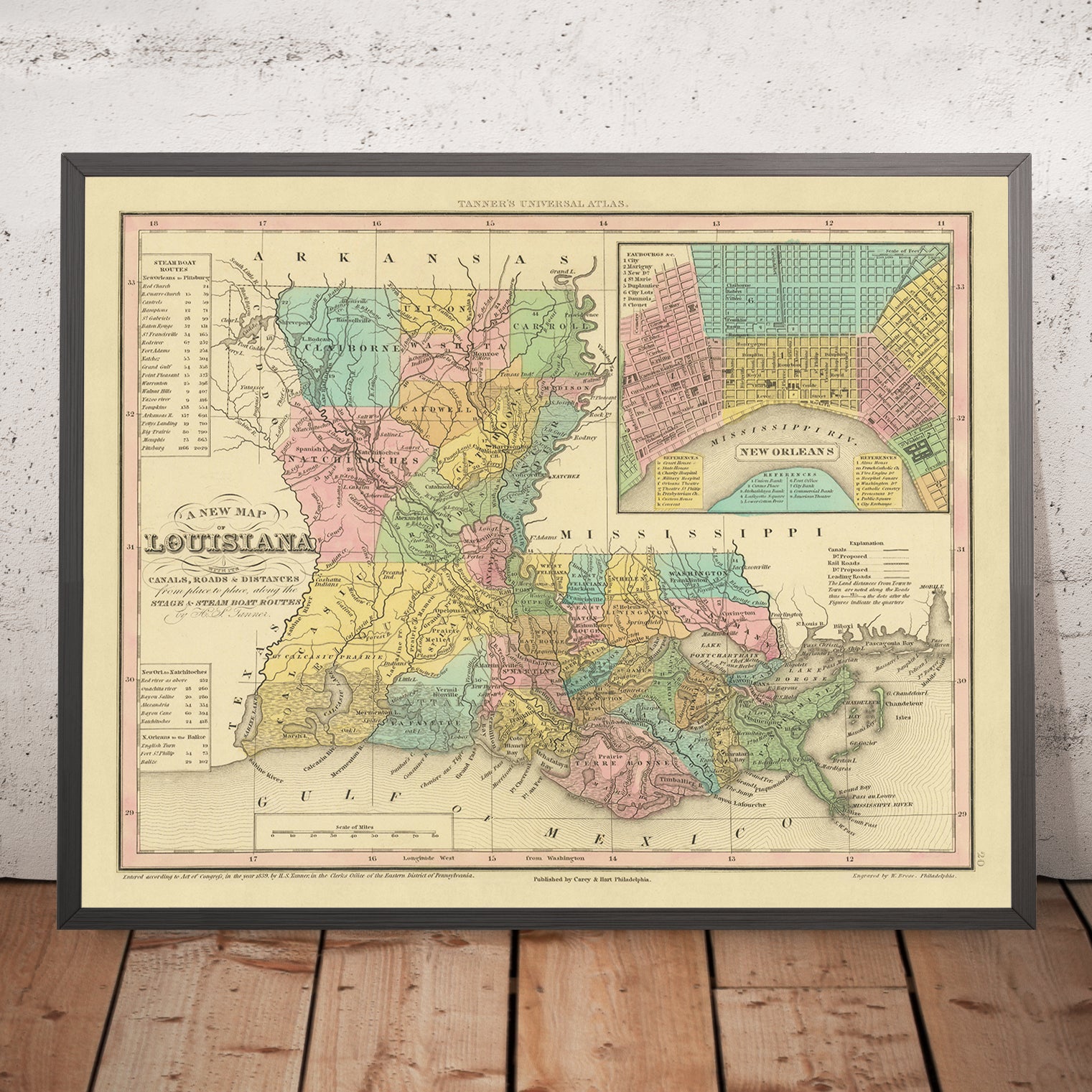 Mapa antiguo de Luisiana de Tanner, 1843: Nueva Orleans, Baton Rouge ...