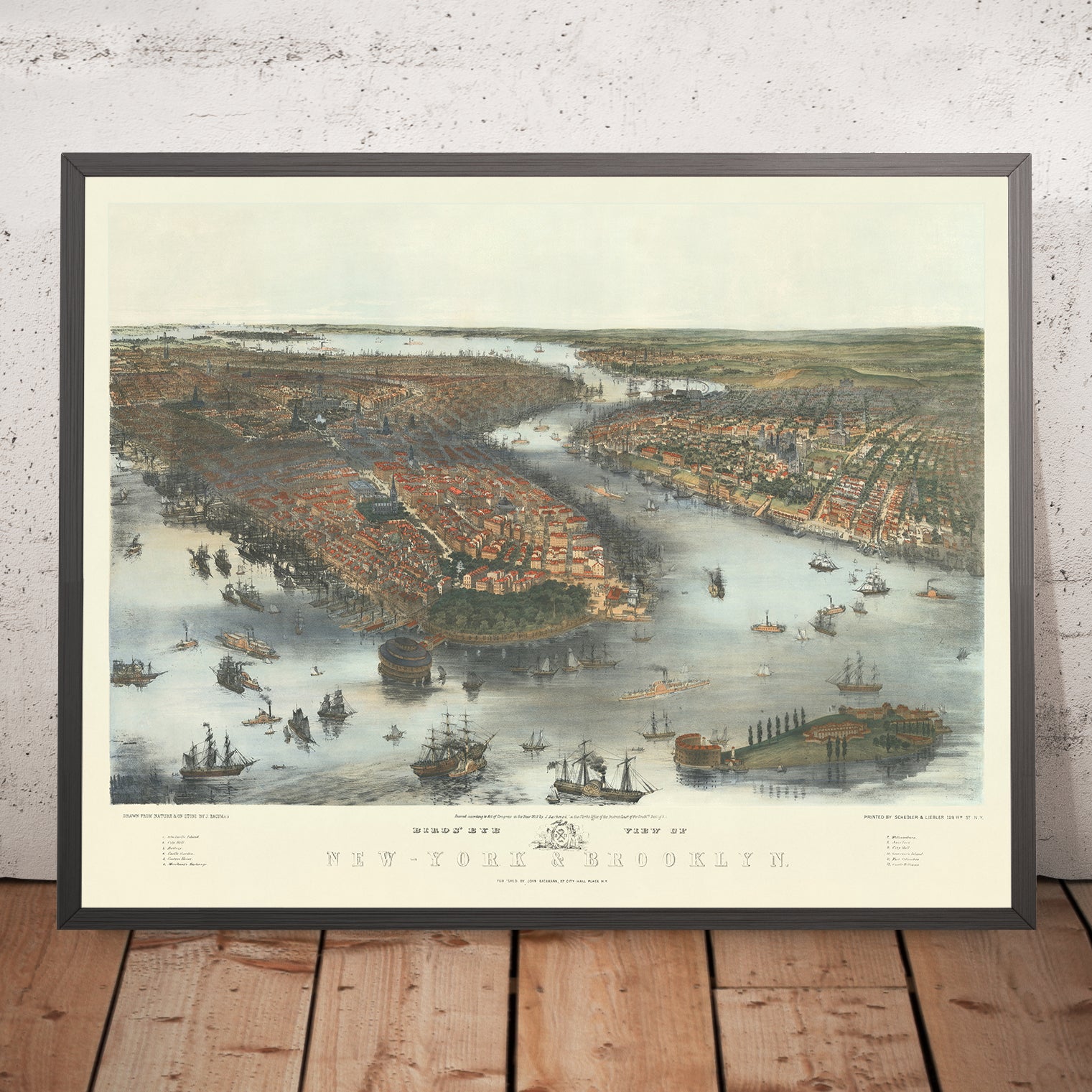 Old Birdseye Map of New York & Brooklyn by Bachmann, 1851: Central Par ...