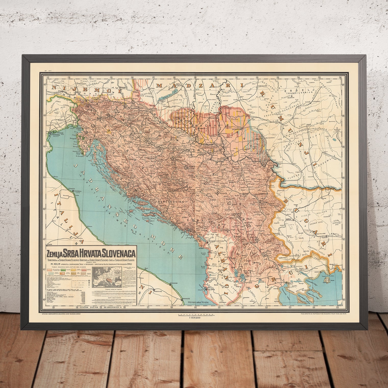 Large Old Map of Yugoslavia by Kolin, 1917: Serbia, Croatia, Montenegr ...