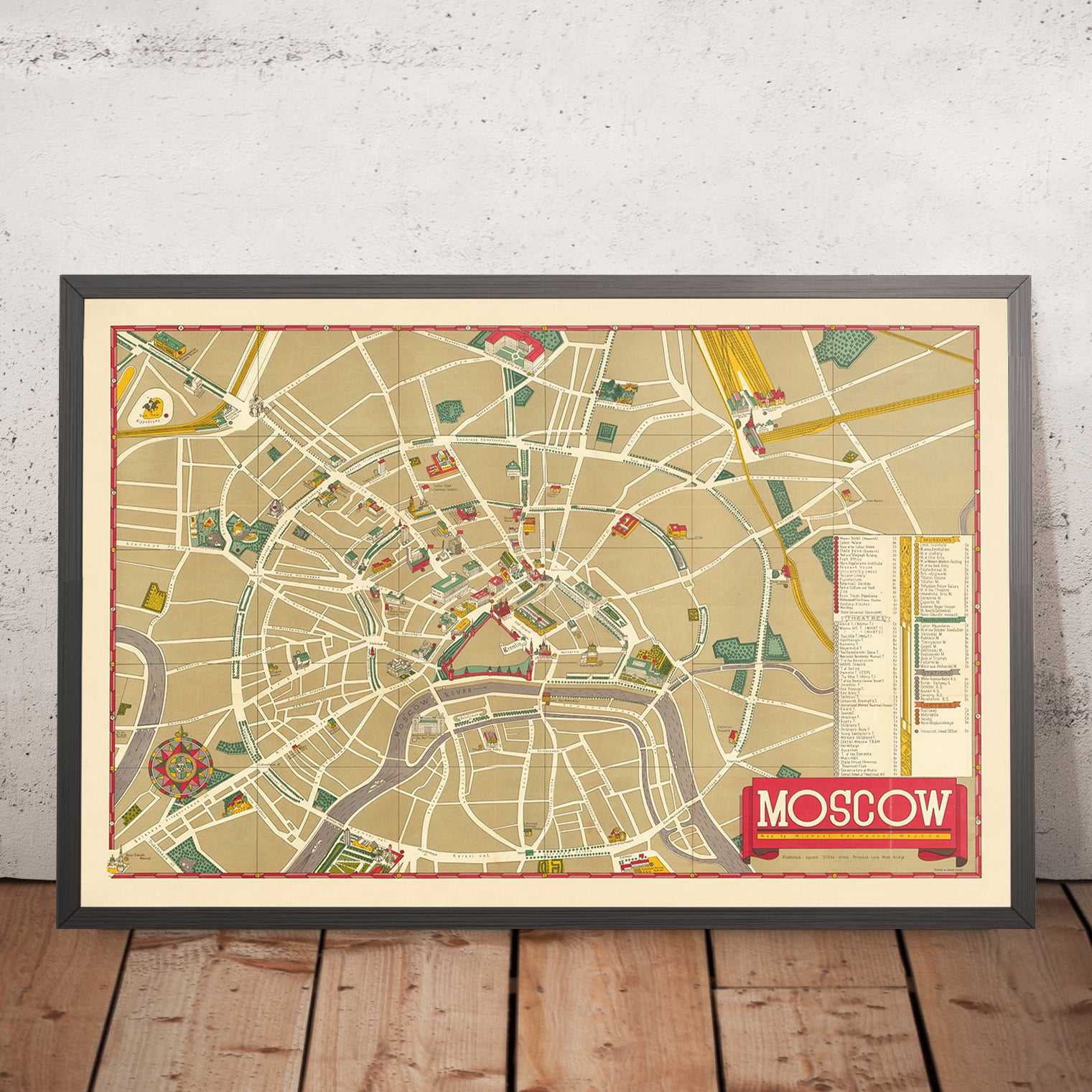 Old Tourist Map of Moscow by Getmanski, 1955: Kremlin, Red Square, Bol ...