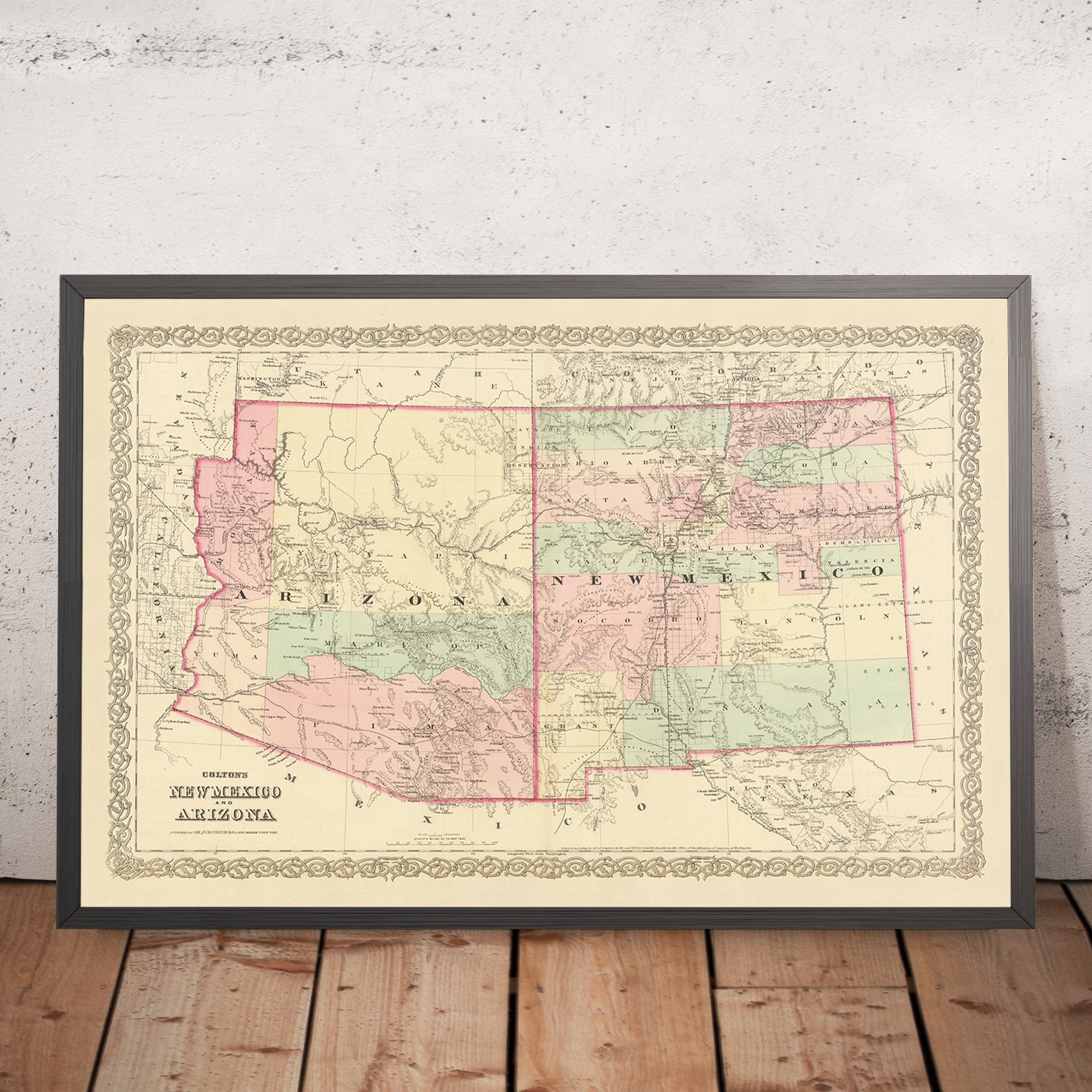 Old Map of New Mexico & Arizona by Colton, 1873: Santa Fe, Tucson, Alb ...