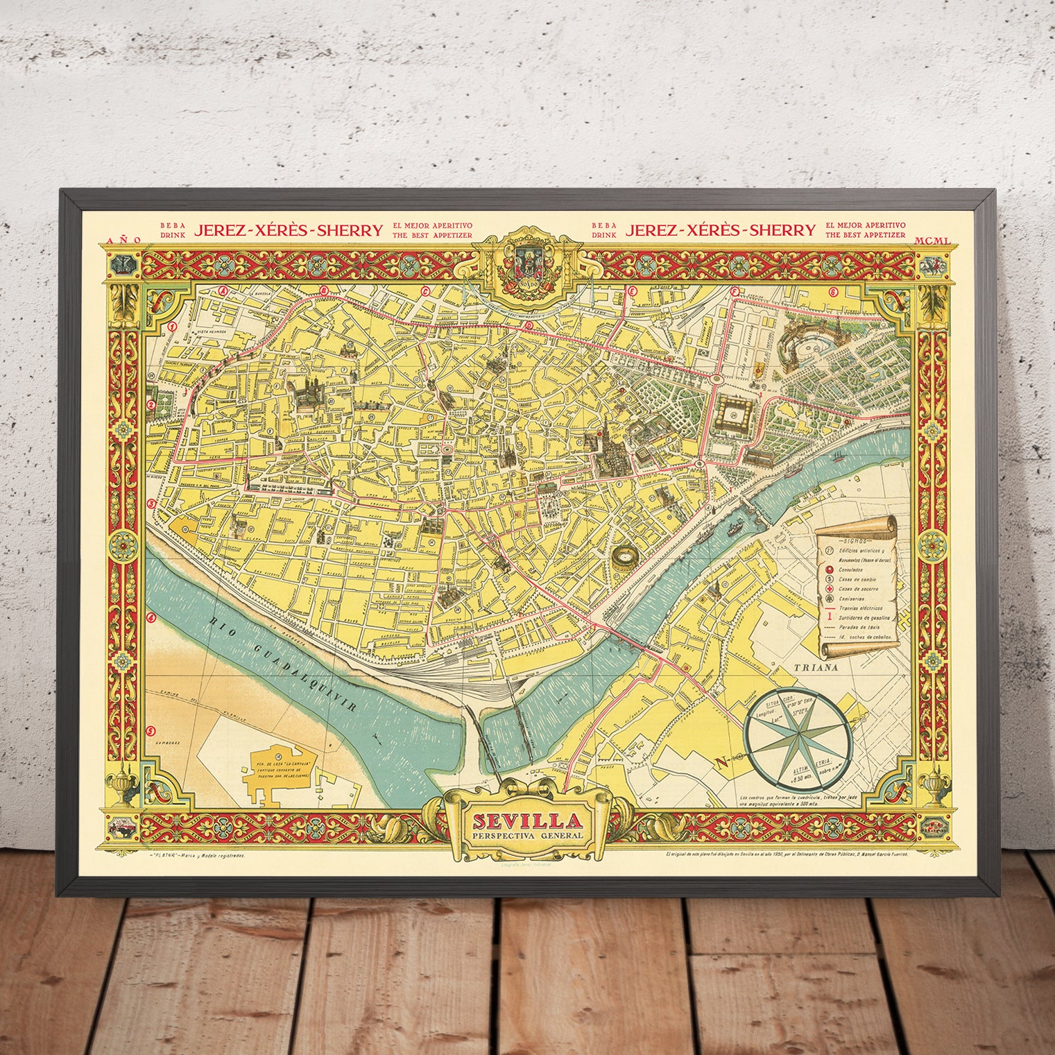 Antiguo mapa pictórico de Sevilla de Fuentes, 1950: Catedral, Torre de ...