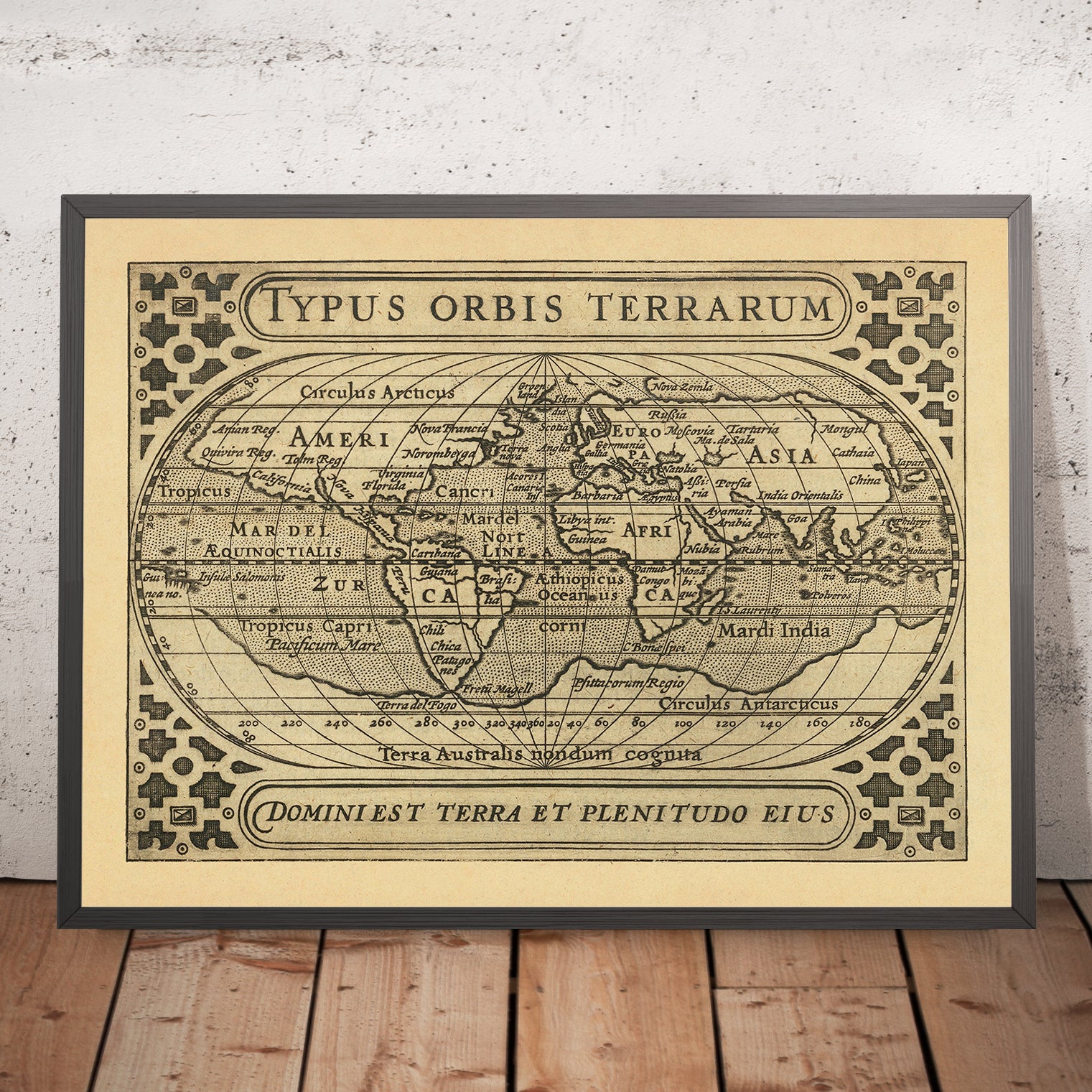 Tiny Old World Map by Bertius, 1616: Oval Projection, Decorative Strap ...