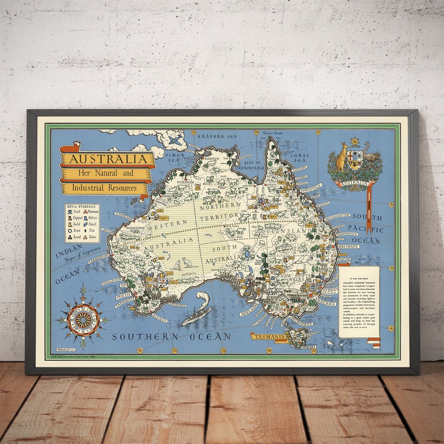 Old Map of Australia, 1942 by Max Gill - World War 2 Map of Natural ...