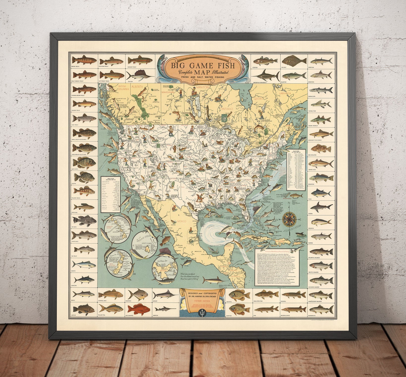 Old Pictorial Big Game Fish Map of the USA, 1936 - Alaska, Florida, Mi ...