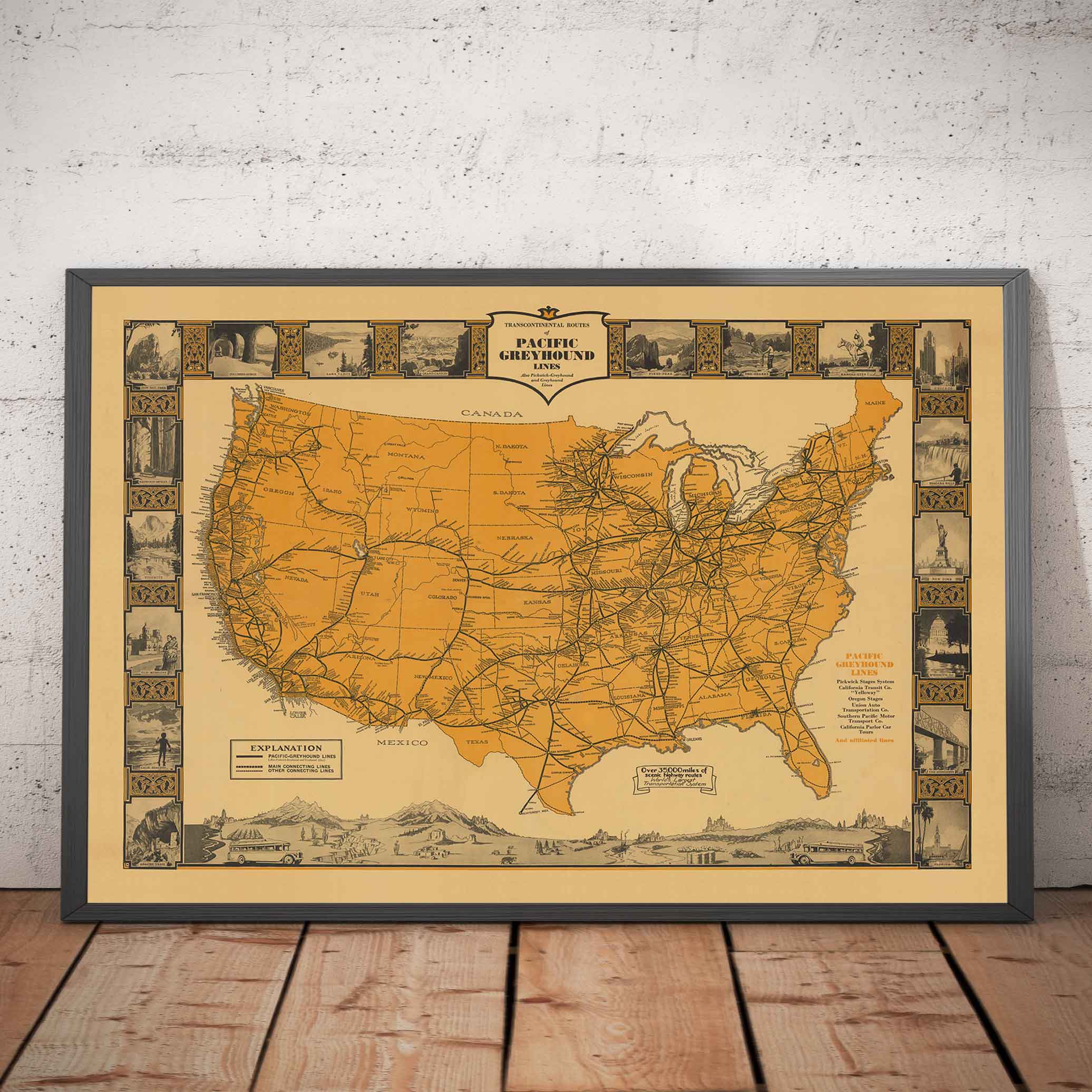 Old Greyhound Lines Map, USA, 1935 - Pacific & Main Intercity Bus Line ...
